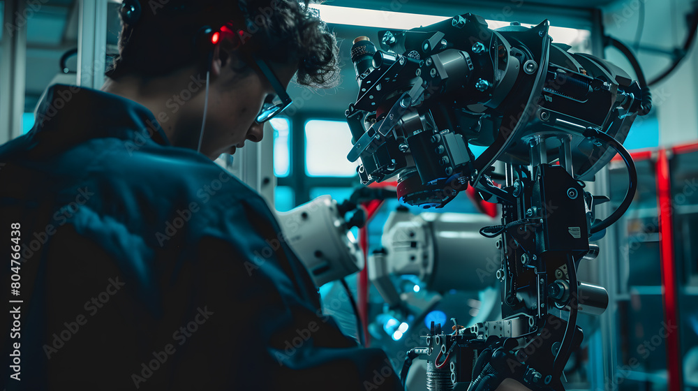 engineer in research development robotic factory checking prototype of ...
