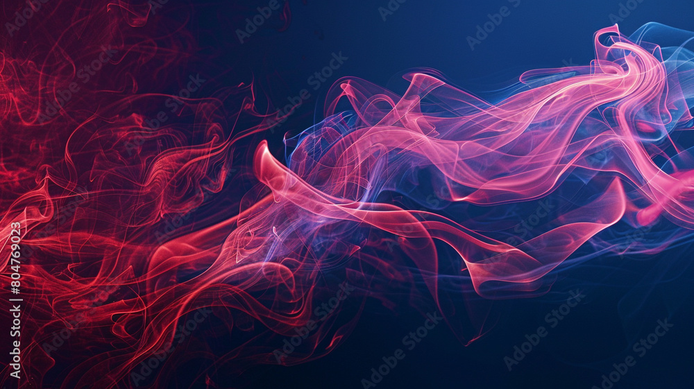 Bright red smoke abstract background drifts over a navy blue background ...