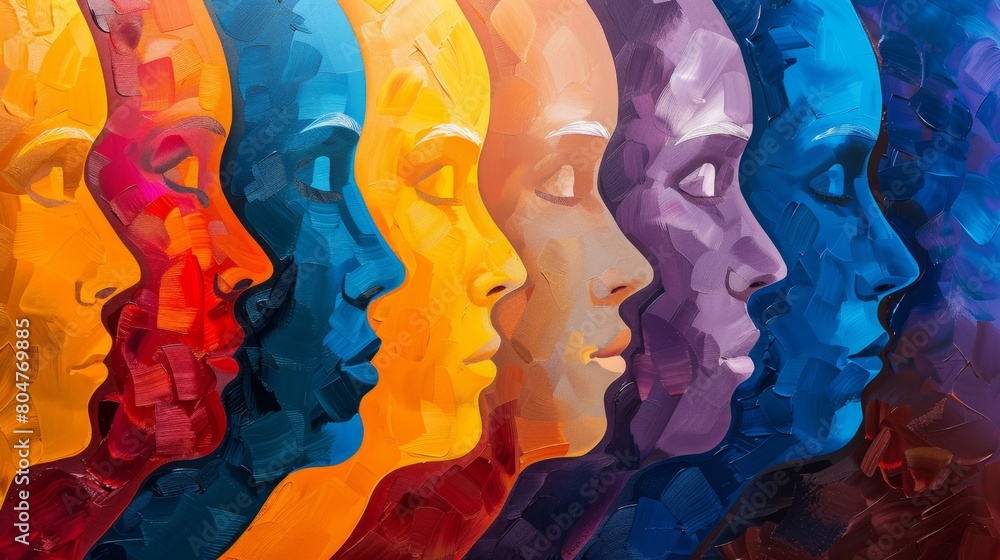 Abstract oil painting of human faces in a continuous line of vibrant ...