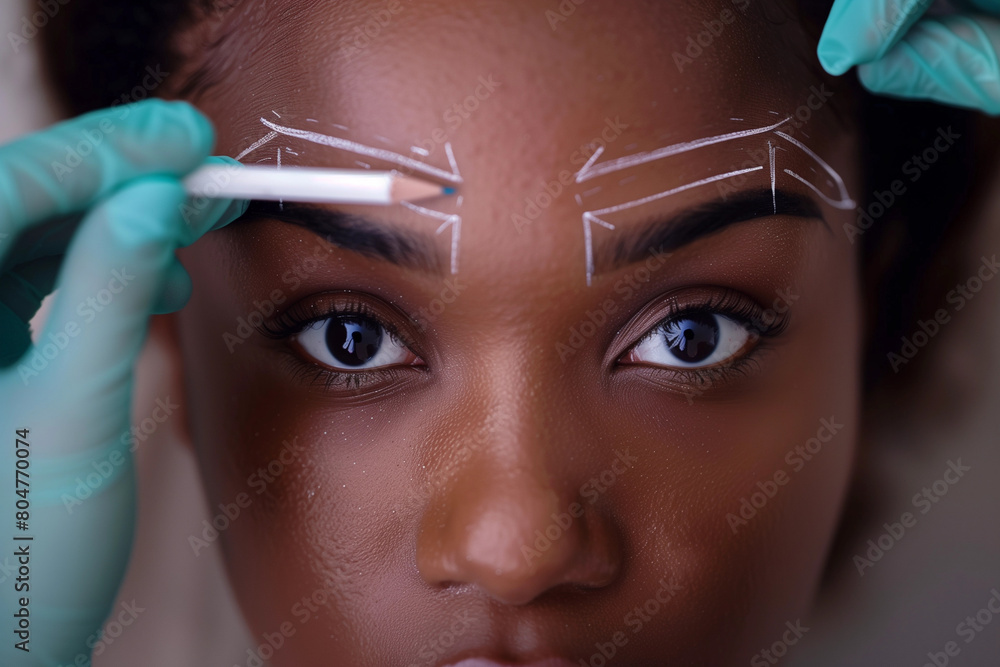 Latex glove hands marking eyebrow micro-blading guide outline on black ...