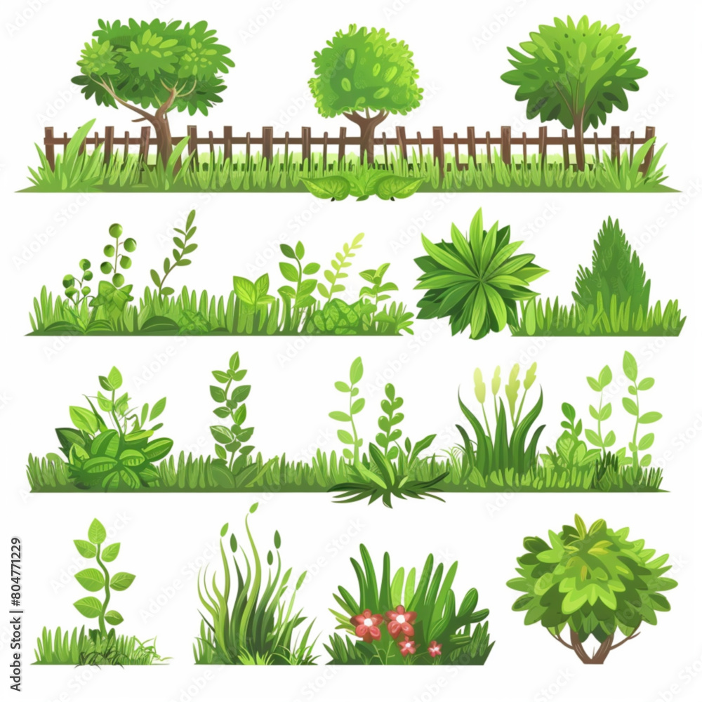 Green bush and grass border cartoon illustration. Garden tree plant ...