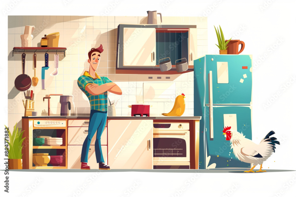 Hen and surprised chef man on home kitchen cartoon. Modern house room ...