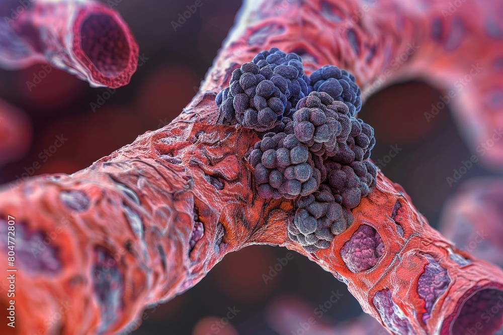 Microscopic view of a healthy lung alveolus, dark, misshapen cells ...