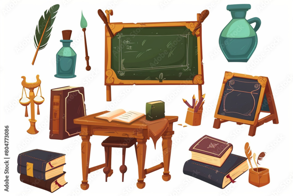Vetor de Magic school room interior furniture and equipment for wizard ...