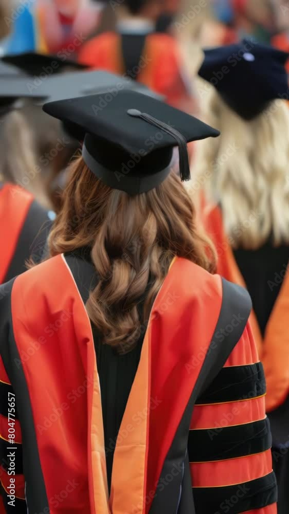 A woman in a black and orange graduation gown stands in front of a ...