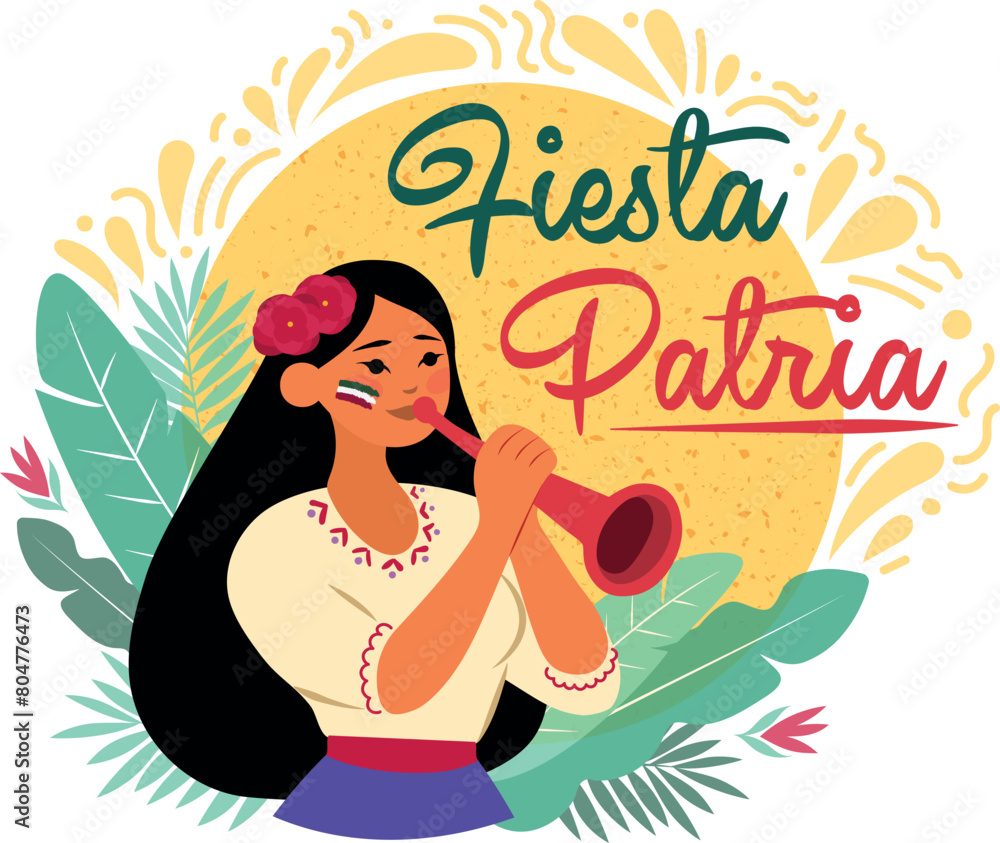 Fiesta patria México, mujer con trompeta en fiesta patria nacional Stock Vector | Adobe Stock