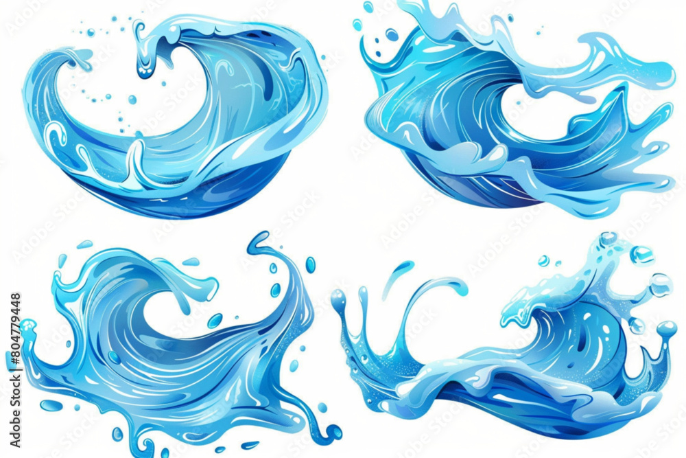 Water splash, drop and cartoon sea wave flow icon. Liquid swirl and ...