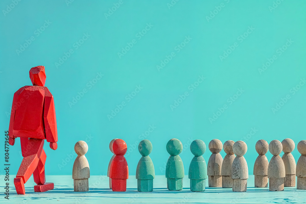 Big red Man leading a group of tiny wooden figures on a blue background ...
