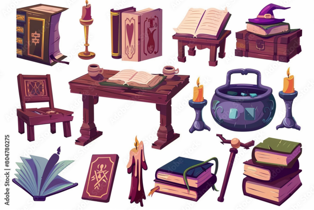 Wizard magic school room with witch book, potion cartoon vector set ...