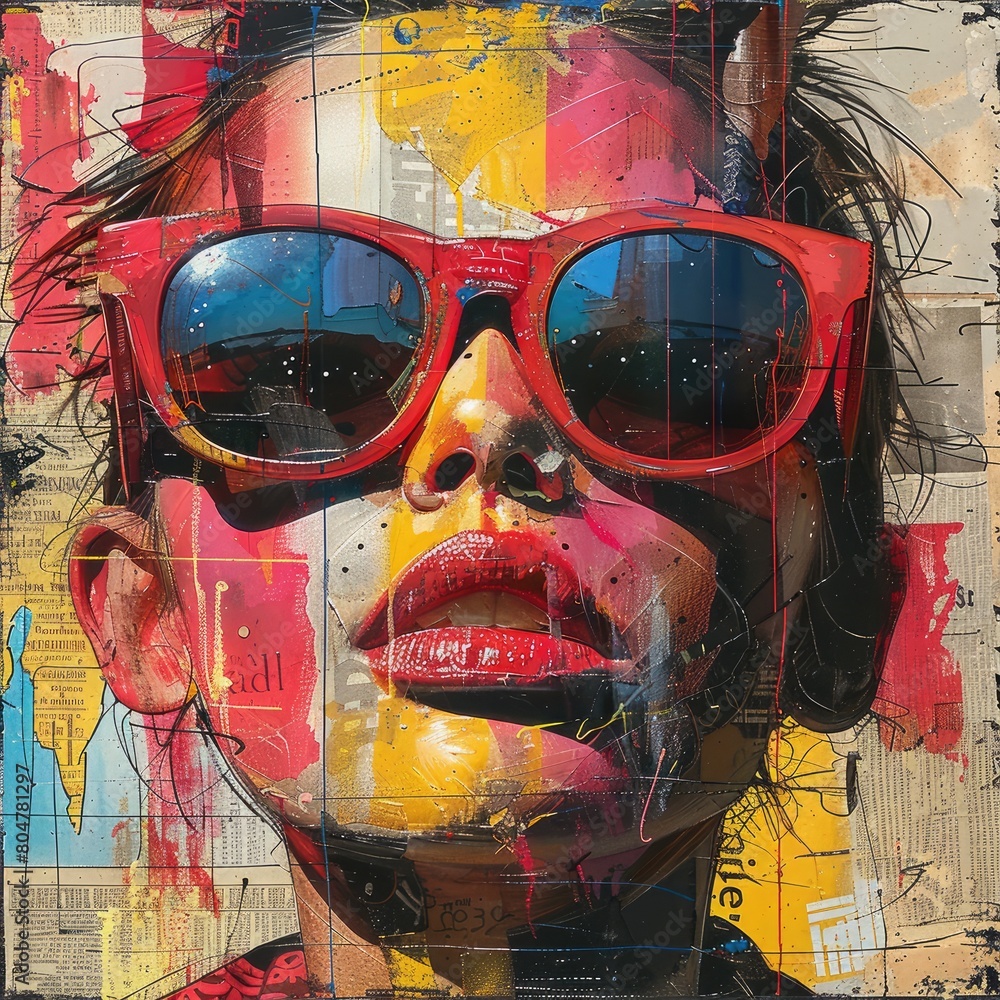Nostalgic pop art collage: vibrant retro vibes, fusion of bold colors ...
