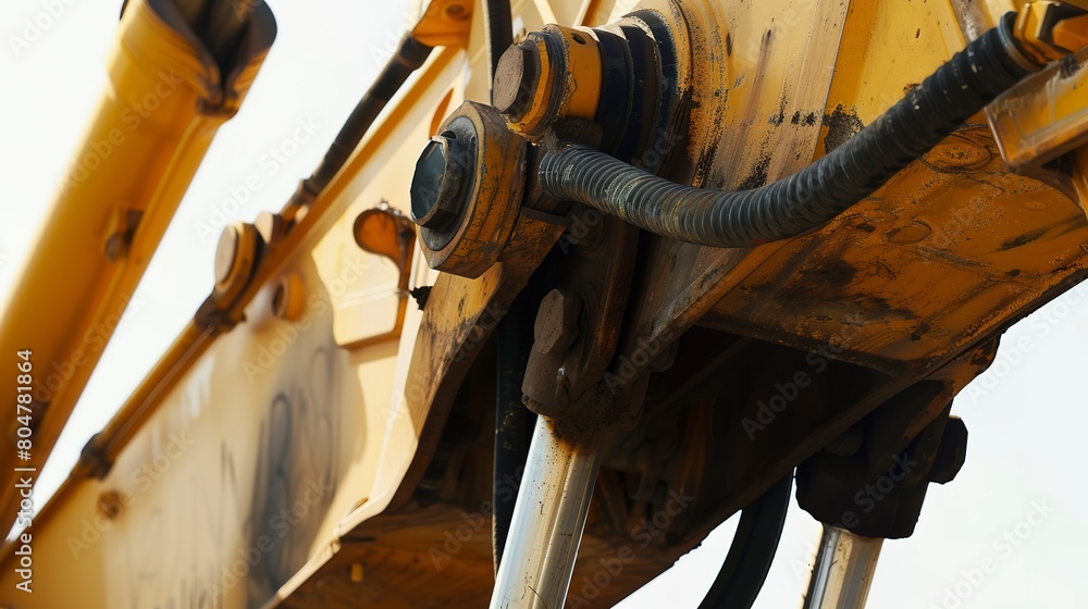 Hydraulic arm of a backhoe, close up, bright daylight, focus on joints ...