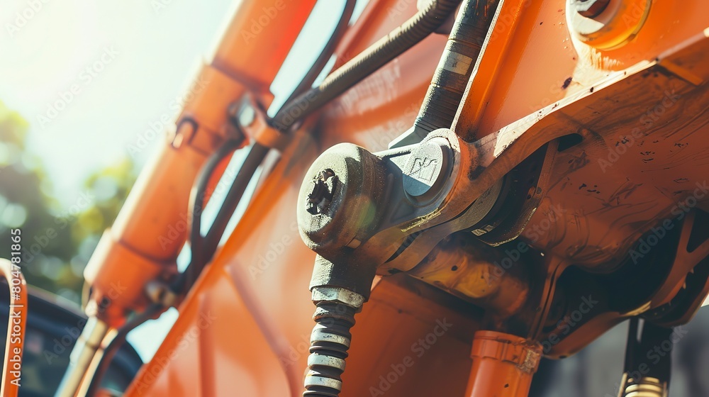 Hydraulic arm of a backhoe, close up, bright daylight, focus on joints ...