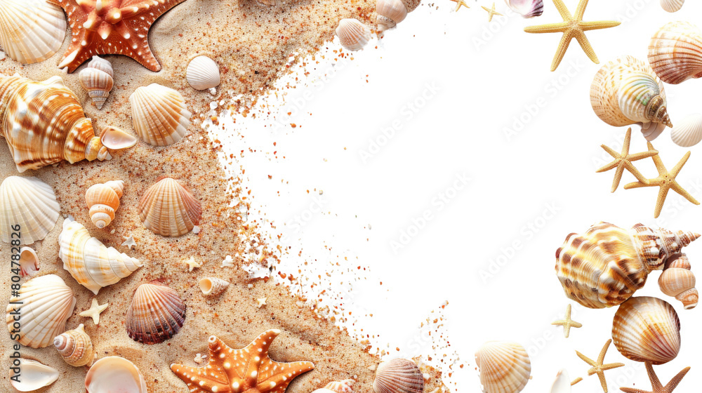 Sand and sea shells beach theme background isolated on white png image ...