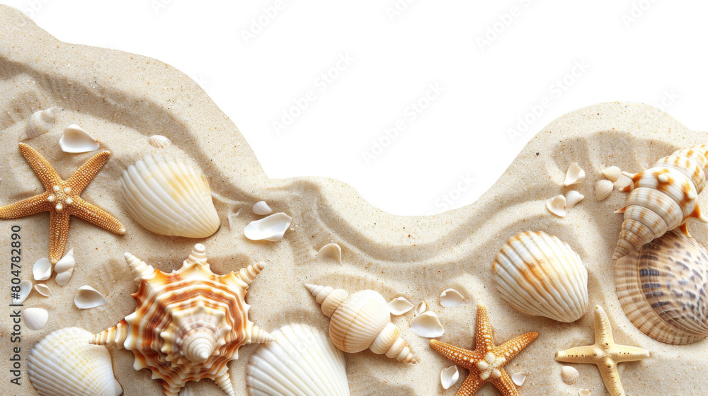 Sand and sea shells beach theme background isolated on white png image ...