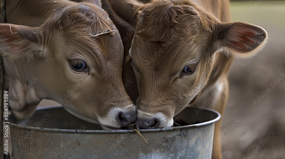 Young calves feeding from bucket, close up, focus on their mouths and ...