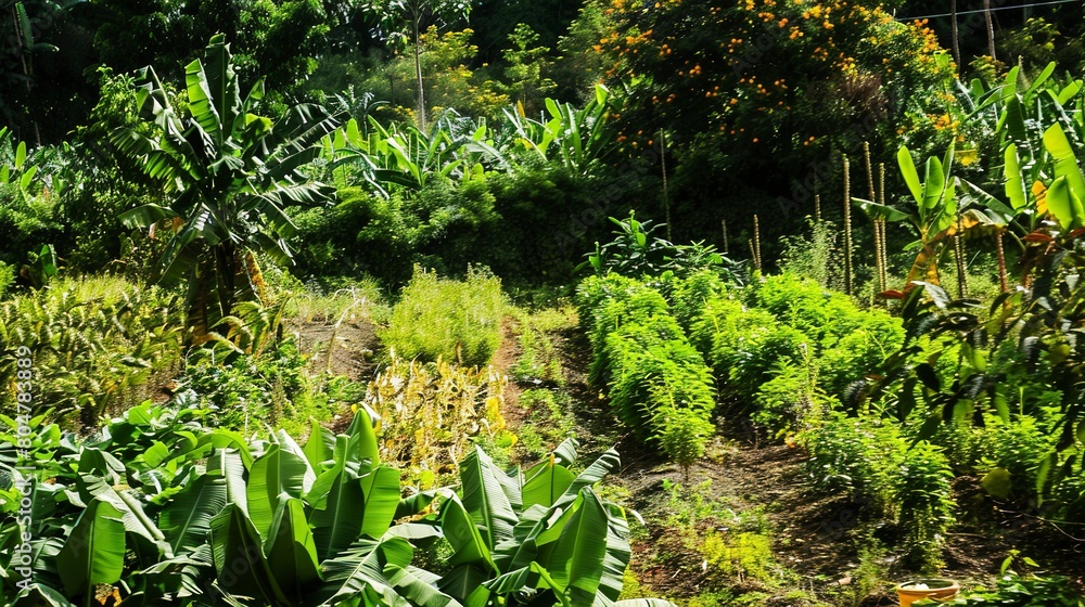 Agroforestry plot with mixed crops, close up on interplanted trees and ...