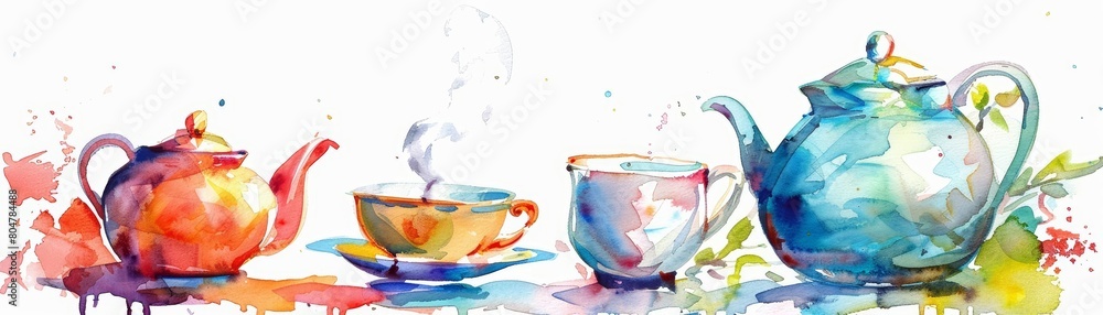 A beautiful watercolor painting of a teapot and two teacups. The teapot ...