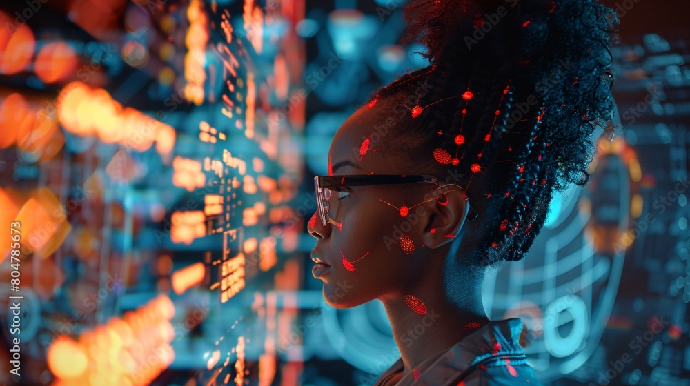 AI cyber security threat illustration, black african american female IT ...