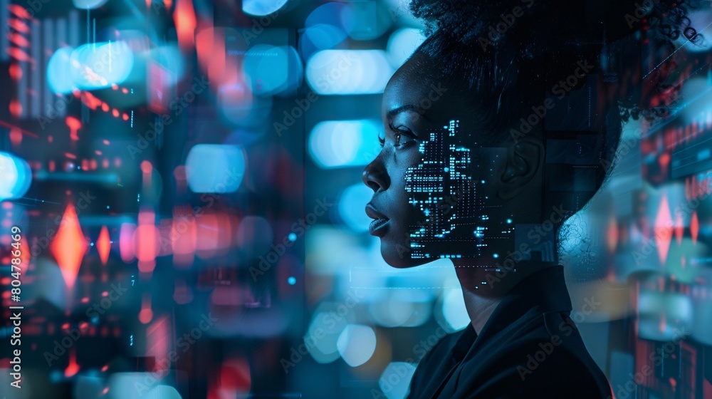 AI cyber security threat illustration, black african american female IT specialist analysing ...