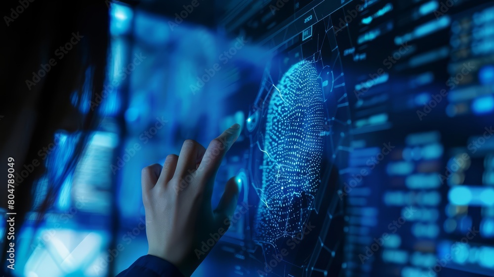 A close up cyber concept features a forensic scientist using laser ...