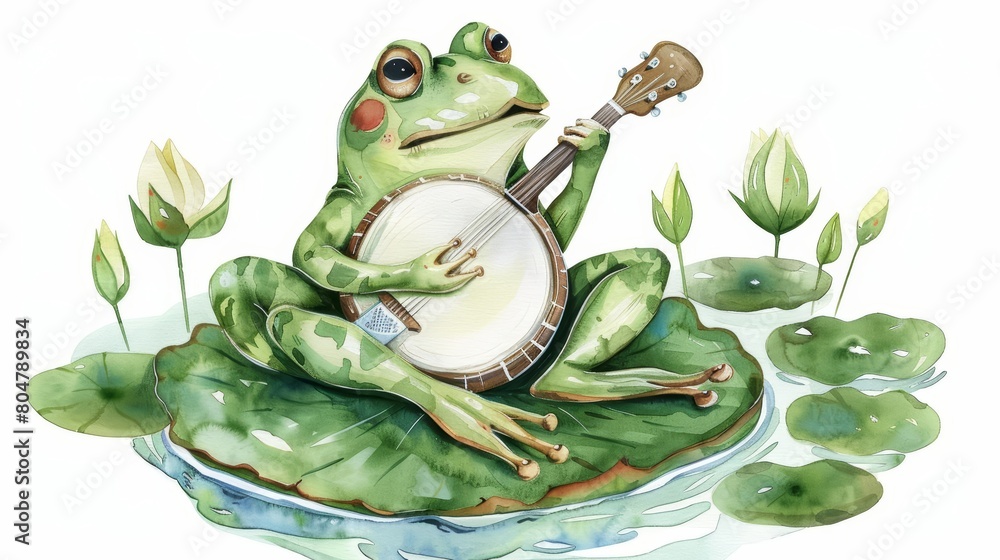 A watercolor painting of a be friendly frog serenading the moon with a ...