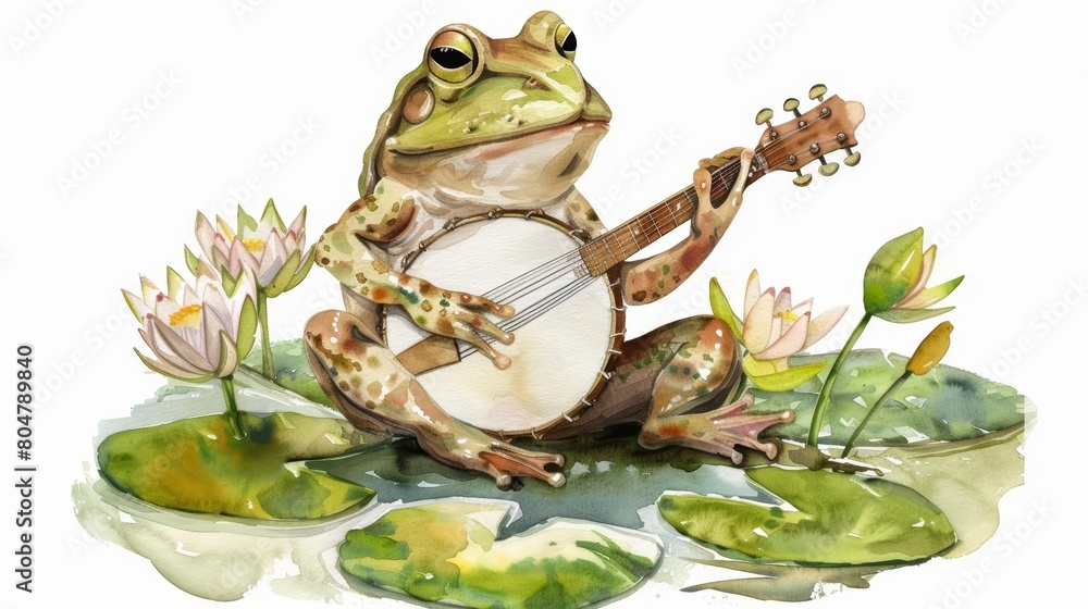 A watercolor painting of a be friendly frog serenading the moon with a ...