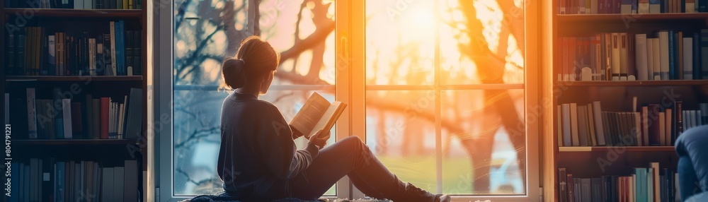 Silhouette of an avid reader nestled in a window seat, surrounded by books and the soft glow of ...