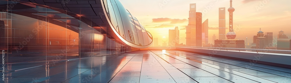 ภาพประกอบสต็อก The view of futuristic architecture from the city square ...