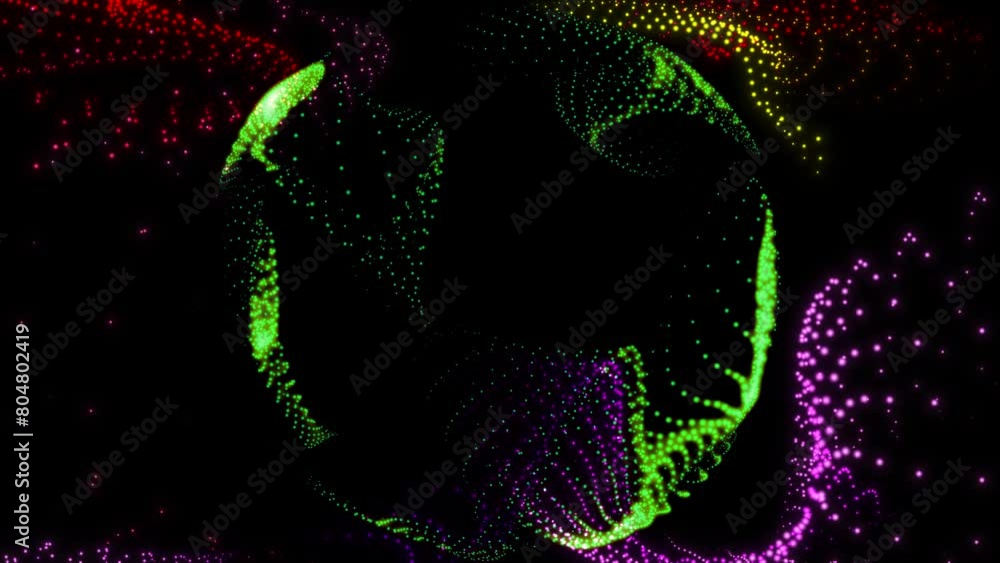 Moving flow green color particles flashing micro units grainy sands on space background ...