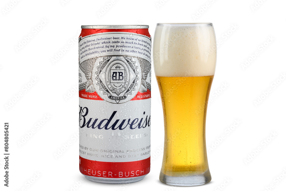 SÃO PAULO-BRAZIL, May 03, 2024 Budweiser beer can, can and beer glass ...