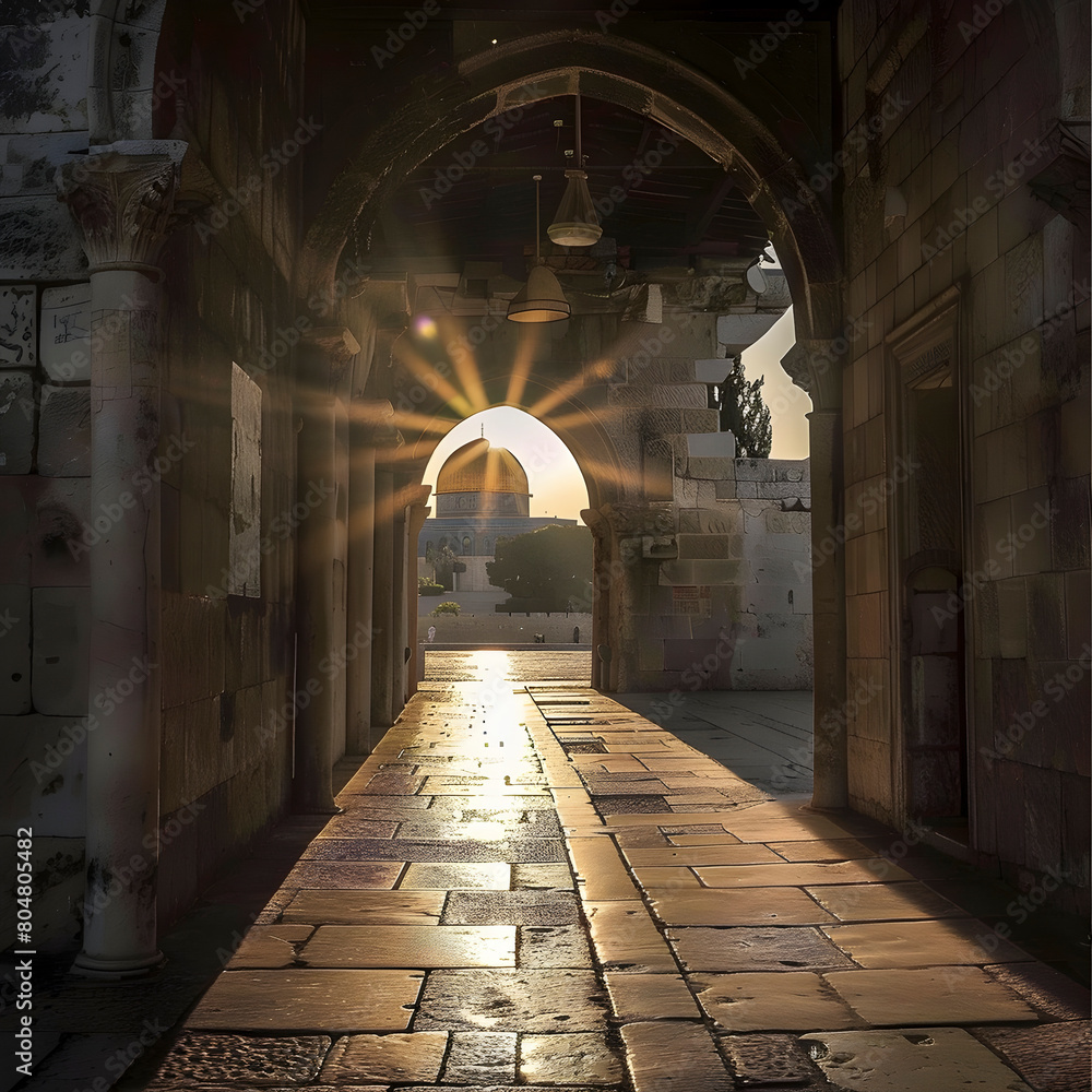 Warm sunlight beams through an ancient archway, casting a golden glow ...