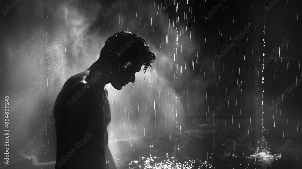 depression, depressed man silhouette outdoors in the rain, darkness ...