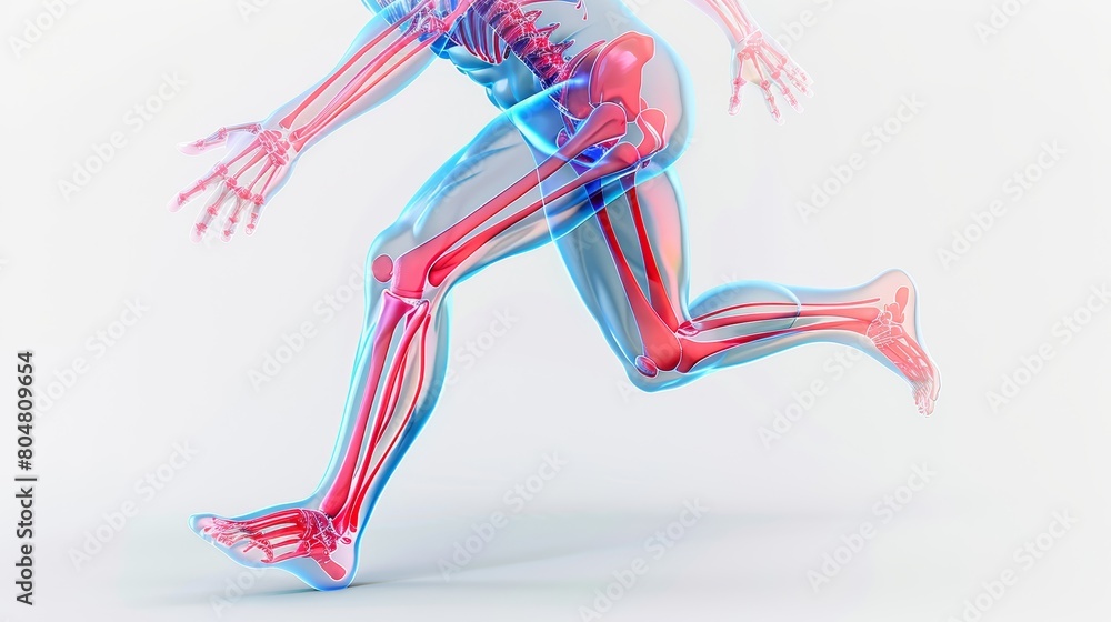 3D Illustration of Human Musculoskeletal System in Running Pose, Red ...