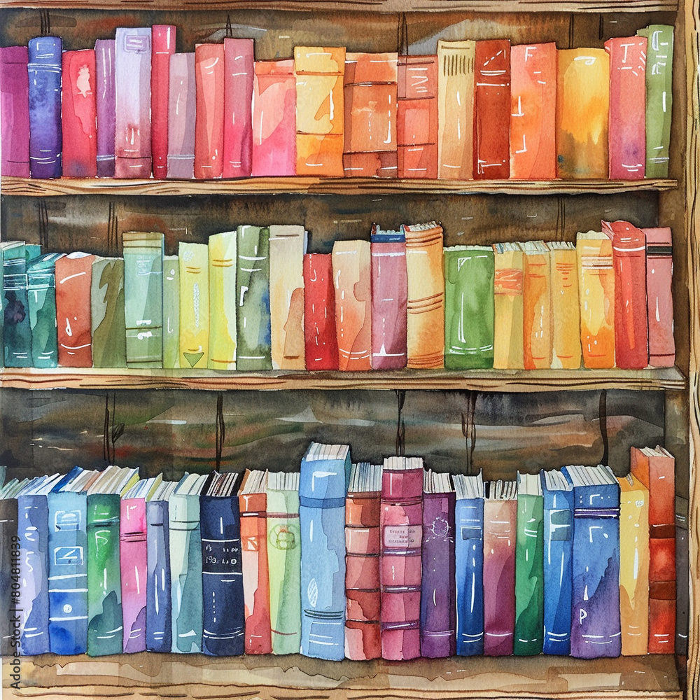 Watercolor painting of colorful bookcase with many books and potted ...