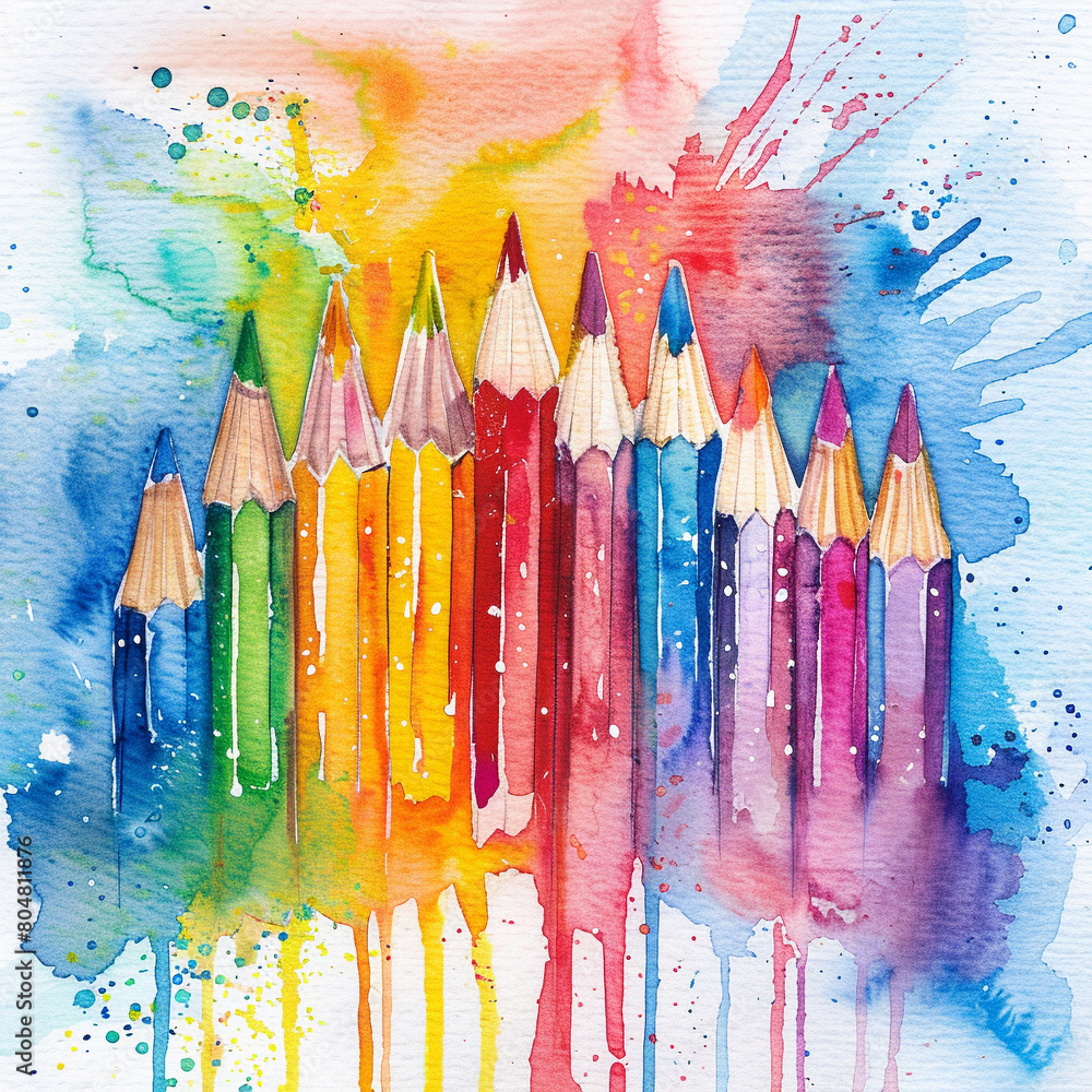 Watercolor painting of a row of colored pencils with a splash of ...
