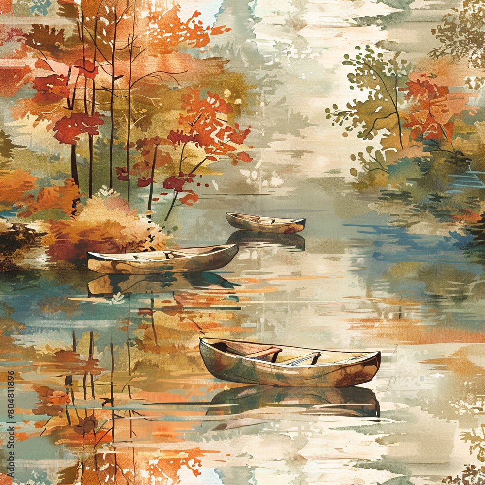 Watercolor painting of a river with three boats floating on it. The ...