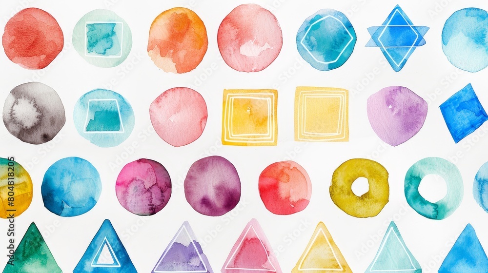 Watercolor chart of basic shapes like circles, squares, and triangles ...