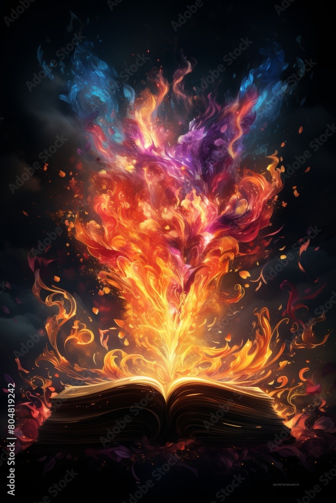 Spectacular digital artwork of an open book emitting a vibrant and ...