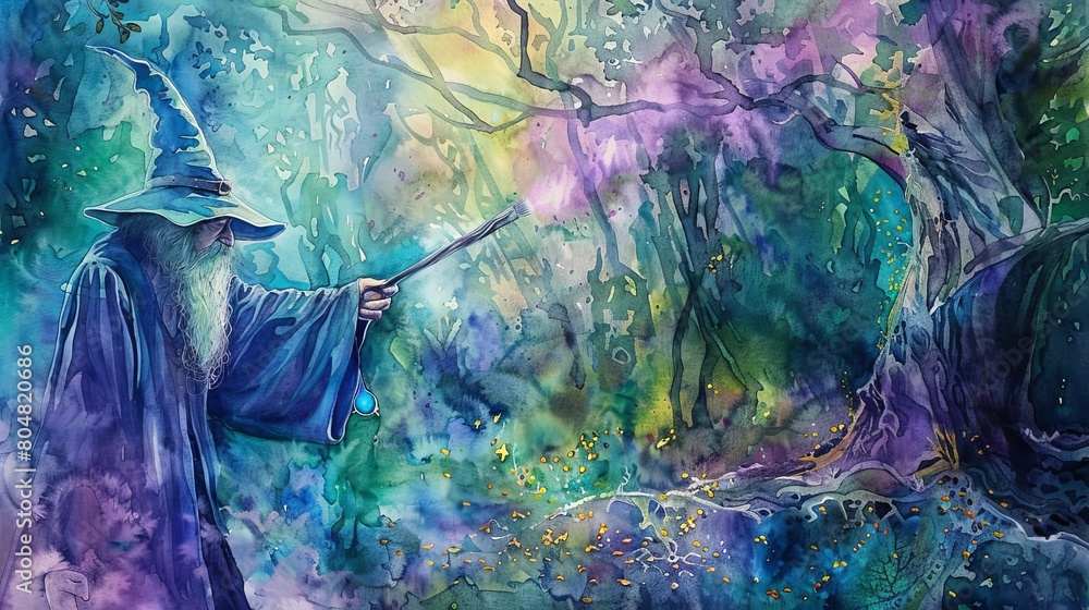 Watercolor of a wise old wizard casting spells in an enchanted forest ...