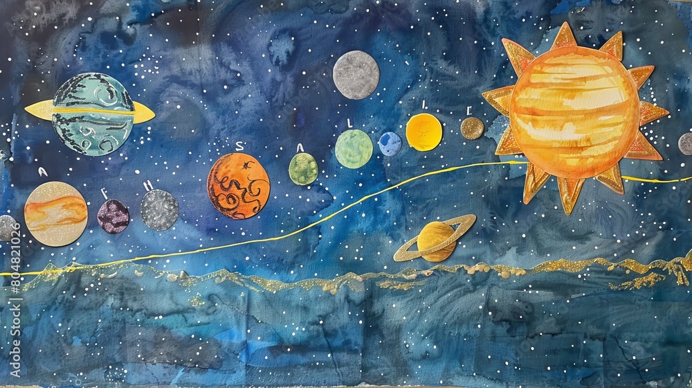 Watercolor painting of a whimsical solar system with planets labeled in ...
