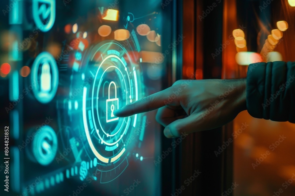 Hand touching a padlock button on a modern interface on a digital ...