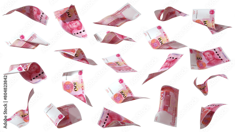 3D rendering of 100 Chinese renminbi notes flying in different angles ...