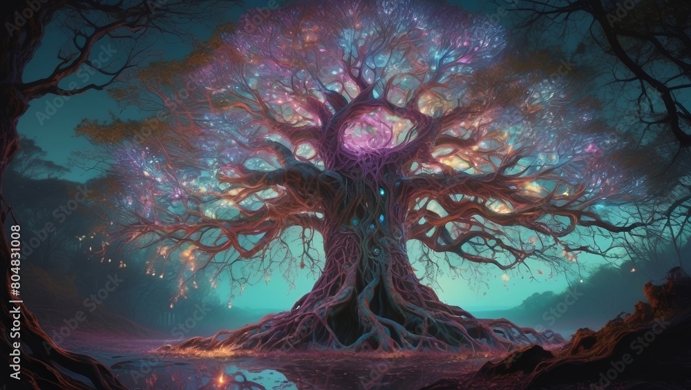 grotesque binary tree glows with neon lights, its branches adorned with ...