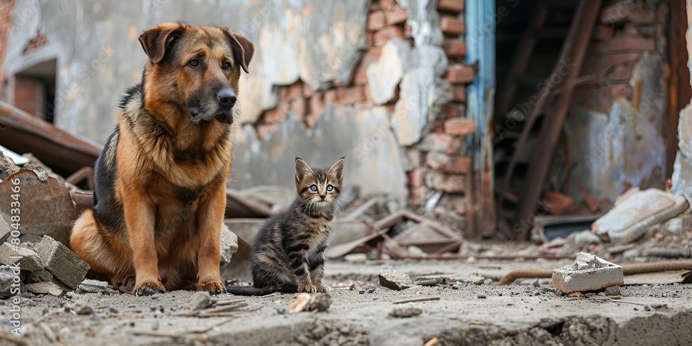 Two brooding dogs and small kitten among Stray dogs roam near ruined ...