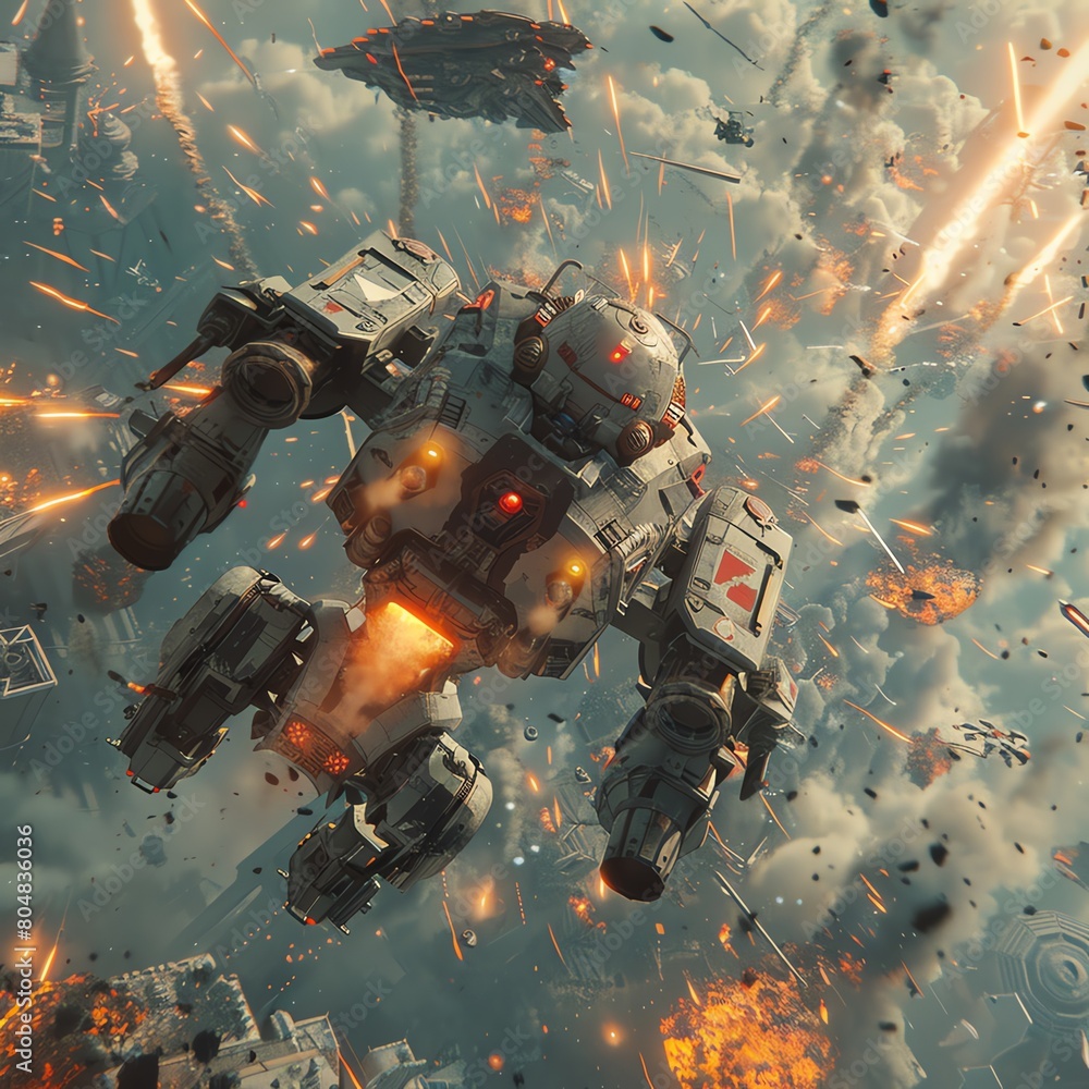 Design a dynamic battlefield panorama featuring advanced combat robots ...