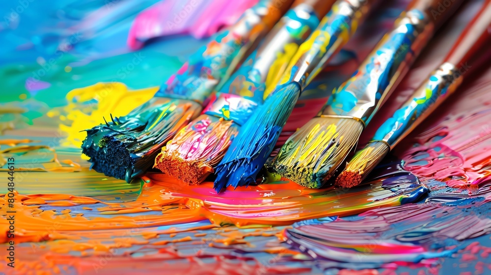 Artistic paintbrushes on a canvas, close-up to show the bristles coated ...