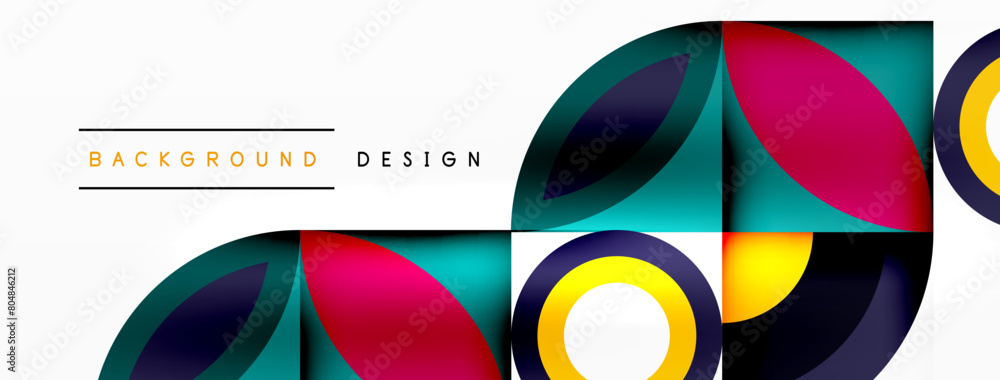 Vibrant circles and squares create a colorful background on white. The ...