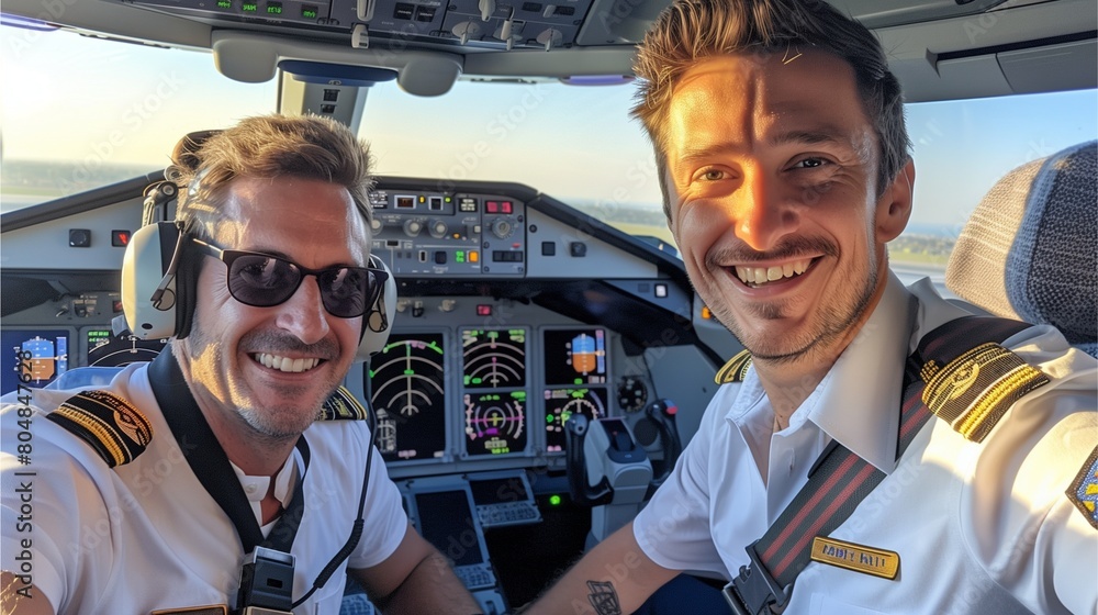 A photo of two men in the cockpit, both the male airplane captain and ...