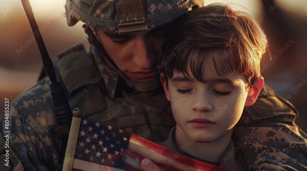 Soldier embracing a child while holding an American flag, symbolizing a ...