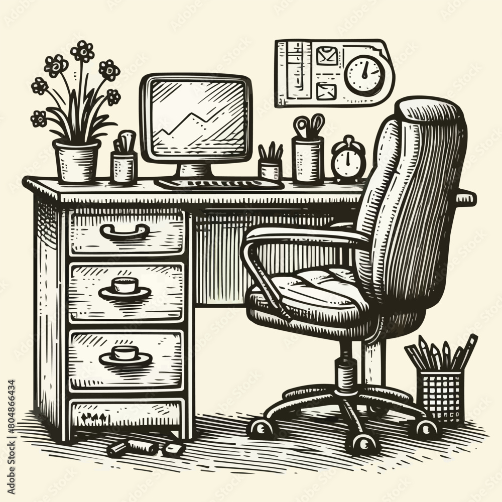 Vetor de Free Vector Work desk hand drawn outline doodle icon. office desk with chair vector ...